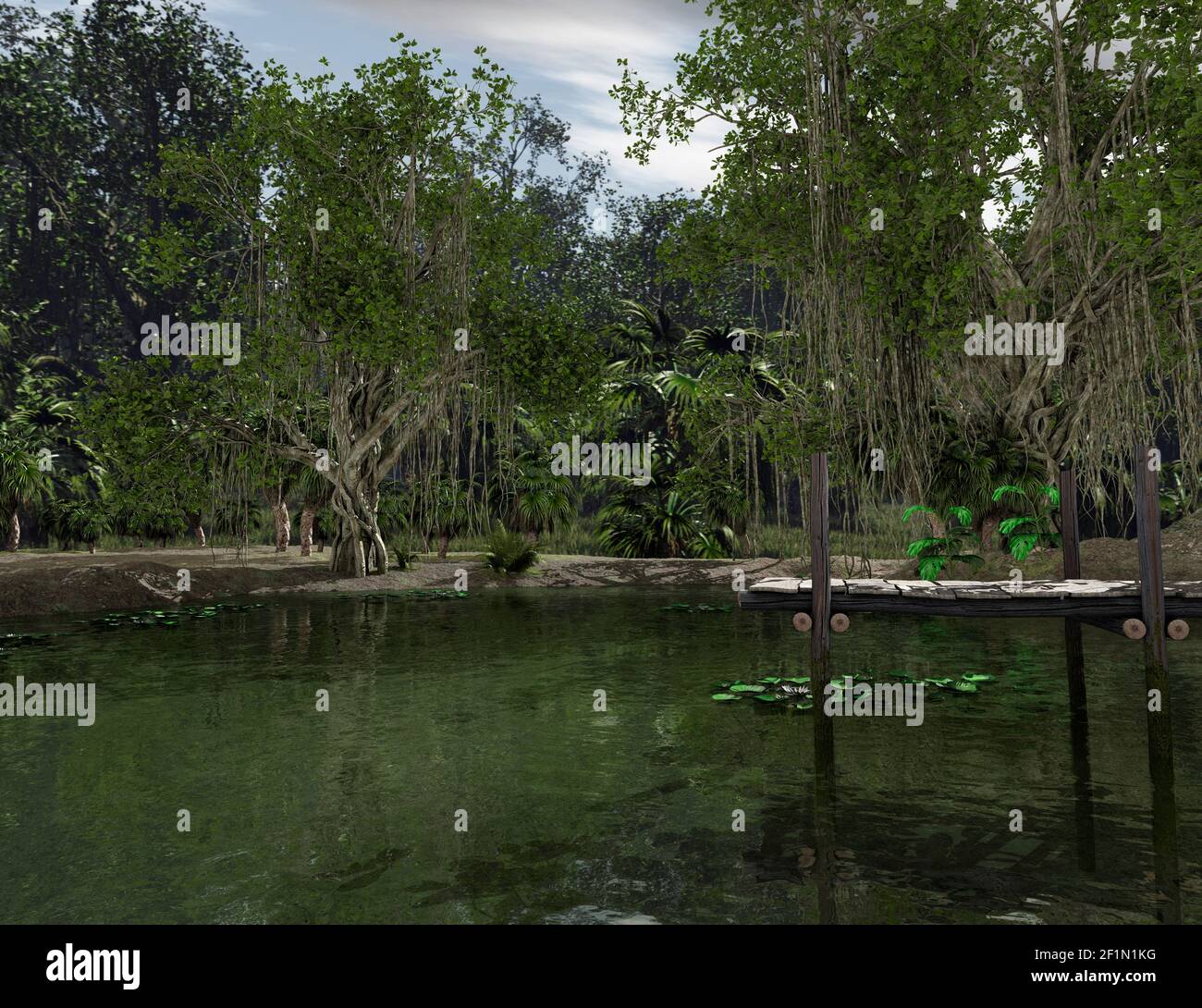 3D rendering of a tropical pond landscape Stock Photo - Alamy