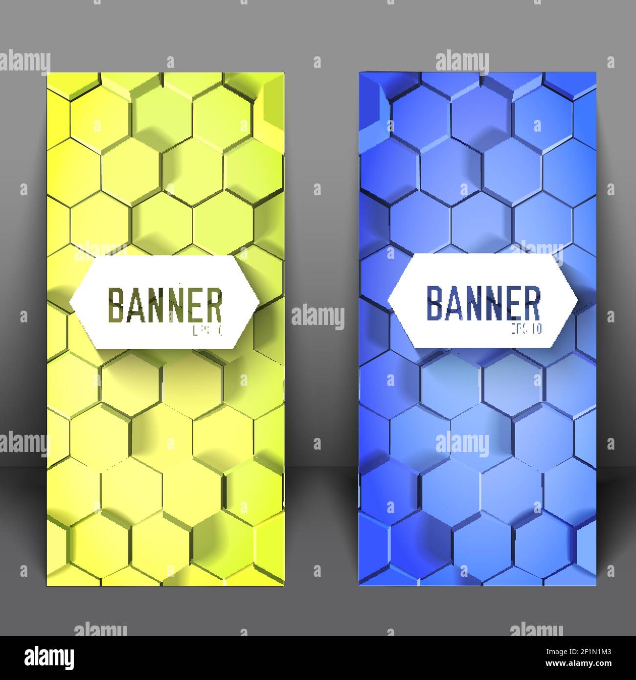 Geometric scientific vertical banners with blue and green 3d hexagons ...