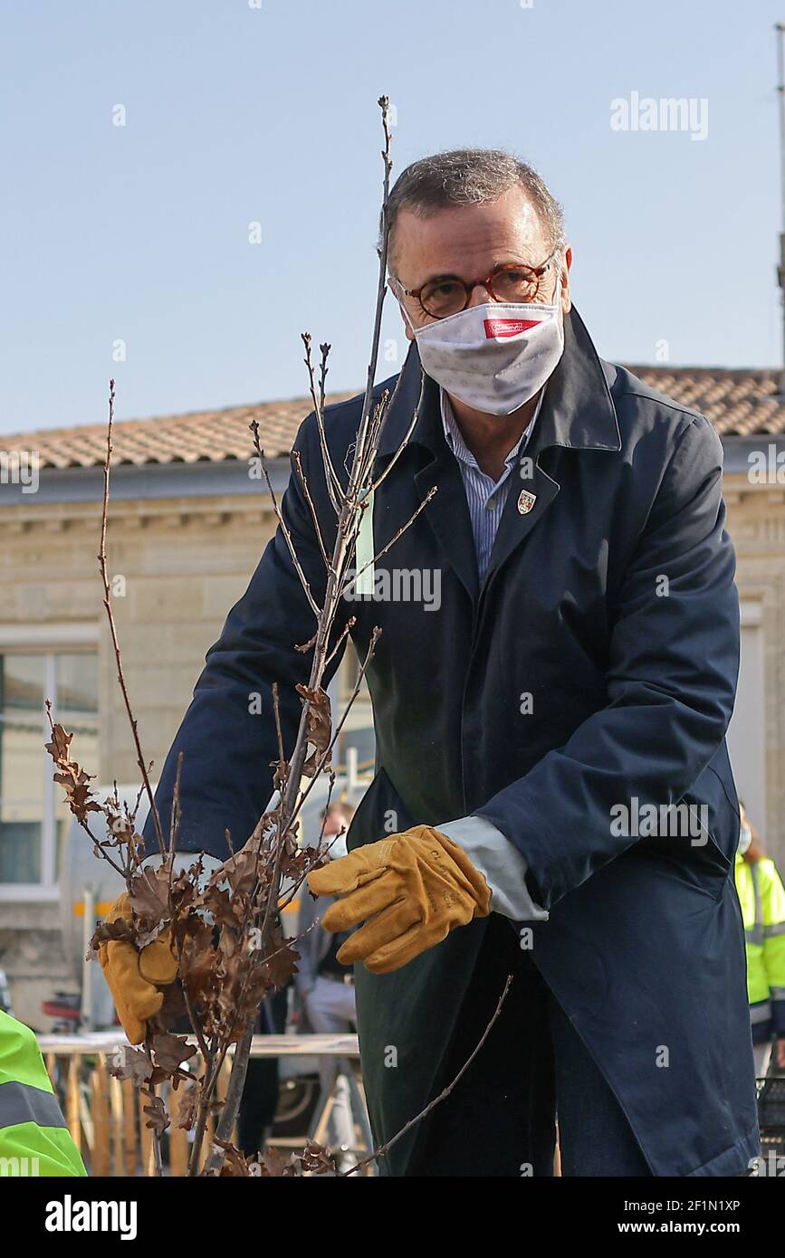 The mayor of Bordeaux, Pierre Hurmic, plants the city's first micro ...