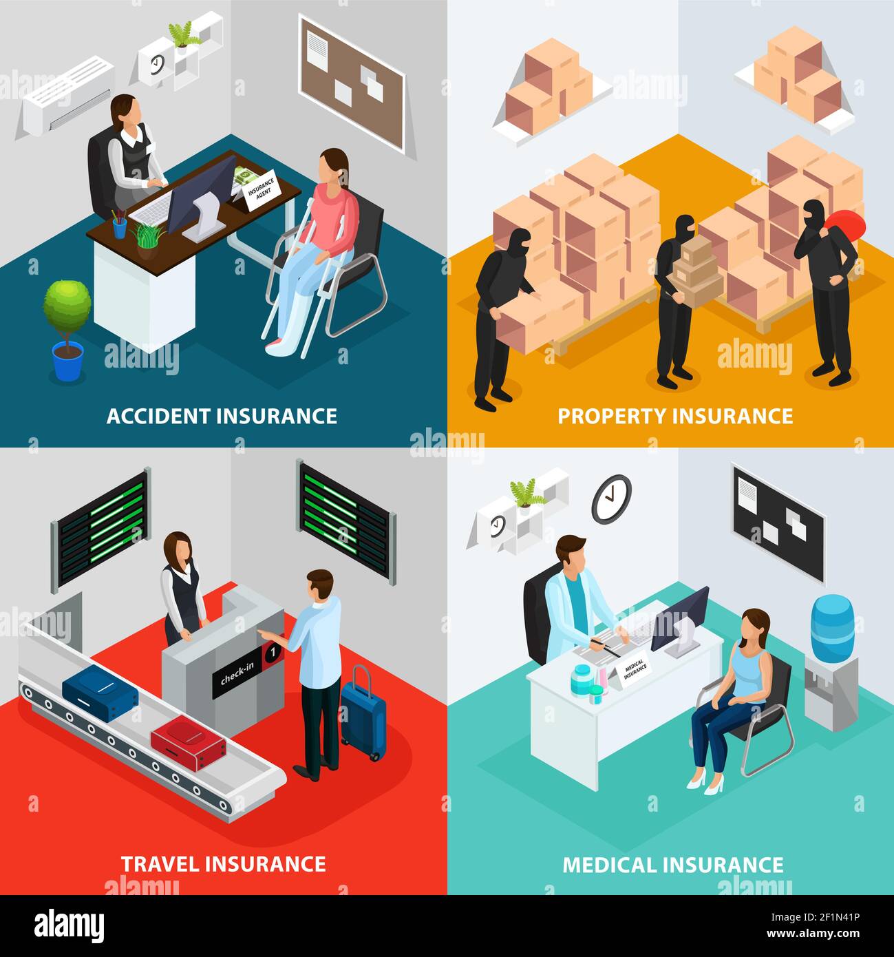 Isometric insurance case concept with health protection property safety ...