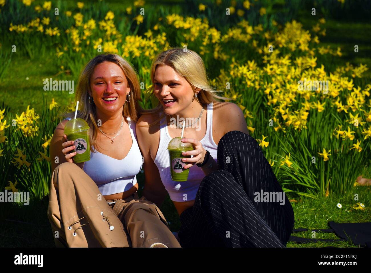 London, UK. 9th Mar, 2021. Lo Simpson and Mia Knowles in enjoy the sun ...