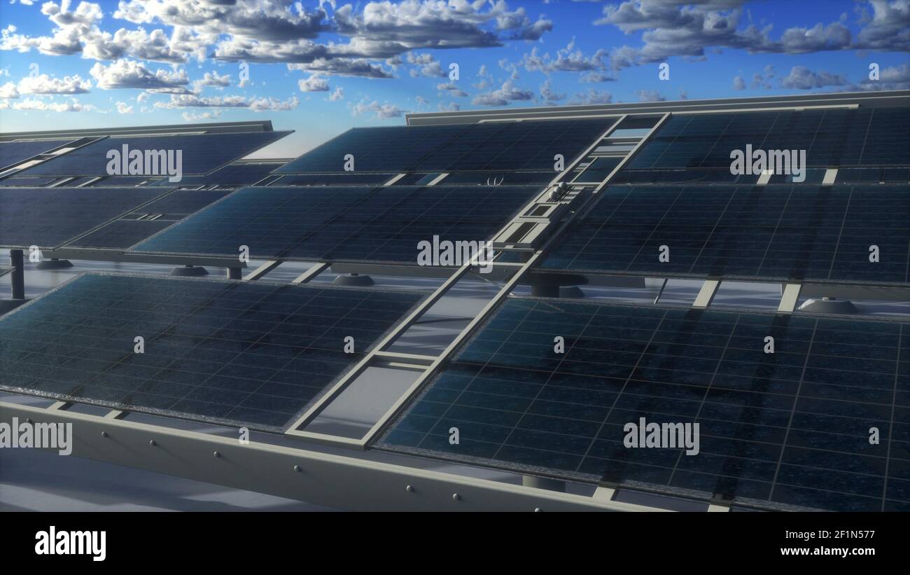 Solar panels, blue sky background. Alternative energy concept. 3d ...