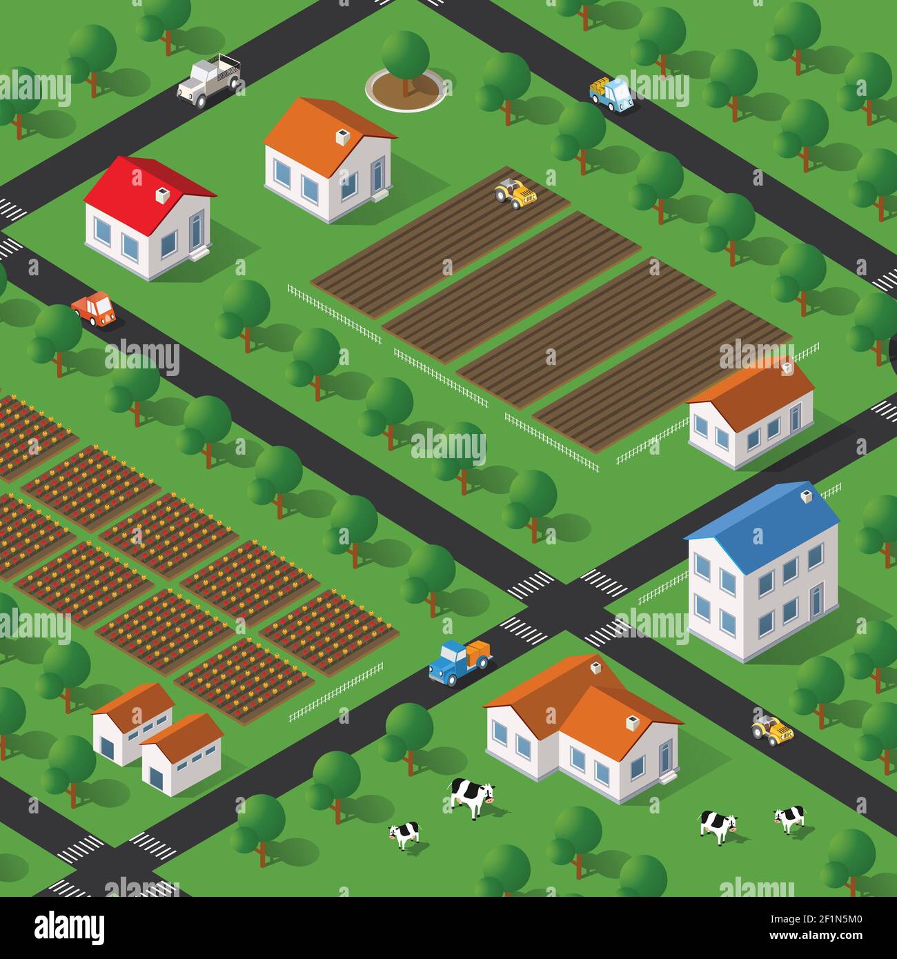 Isometric farm with houses, streets, and buildings Stock Vector Image ...