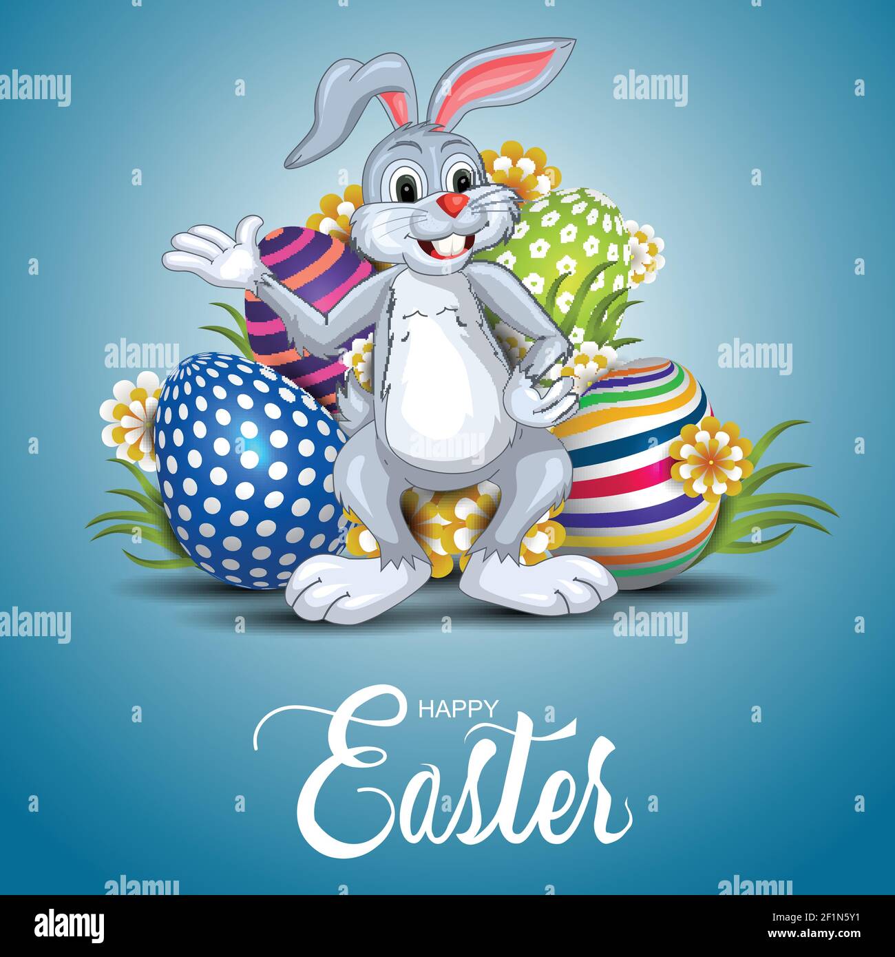 happy easter greetings. funny rabbit with colorful easter eggs. vector ...