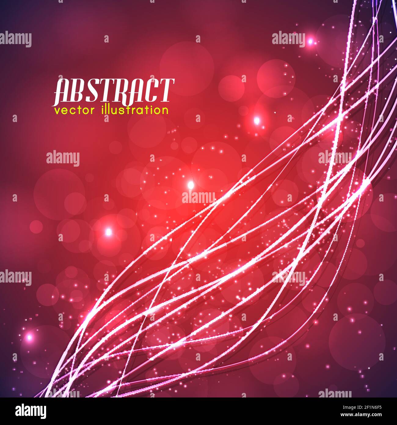 Abstract red background with blurred lights and curved glowing white ...