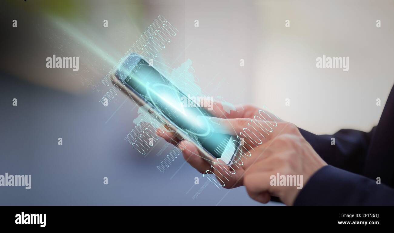 Digital composite image of binary coding data processing over person ...