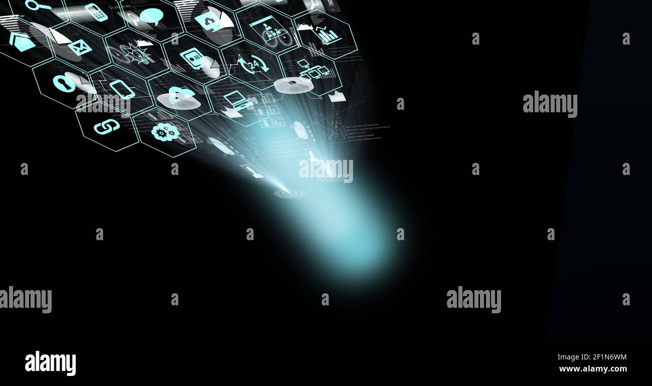 Network of digital icons and data processing on black background Stock ...