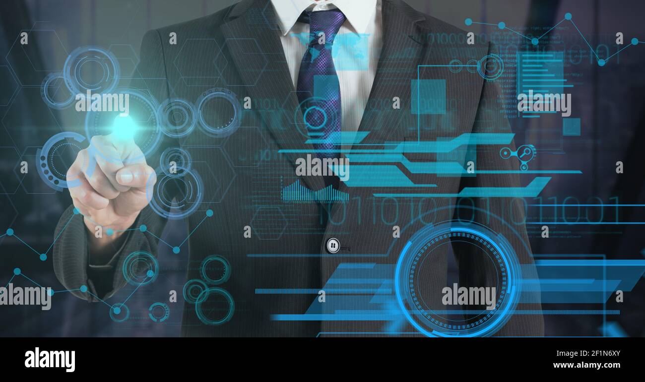 Digital interface with data processing over mid section of businessman touching invisible screen ...