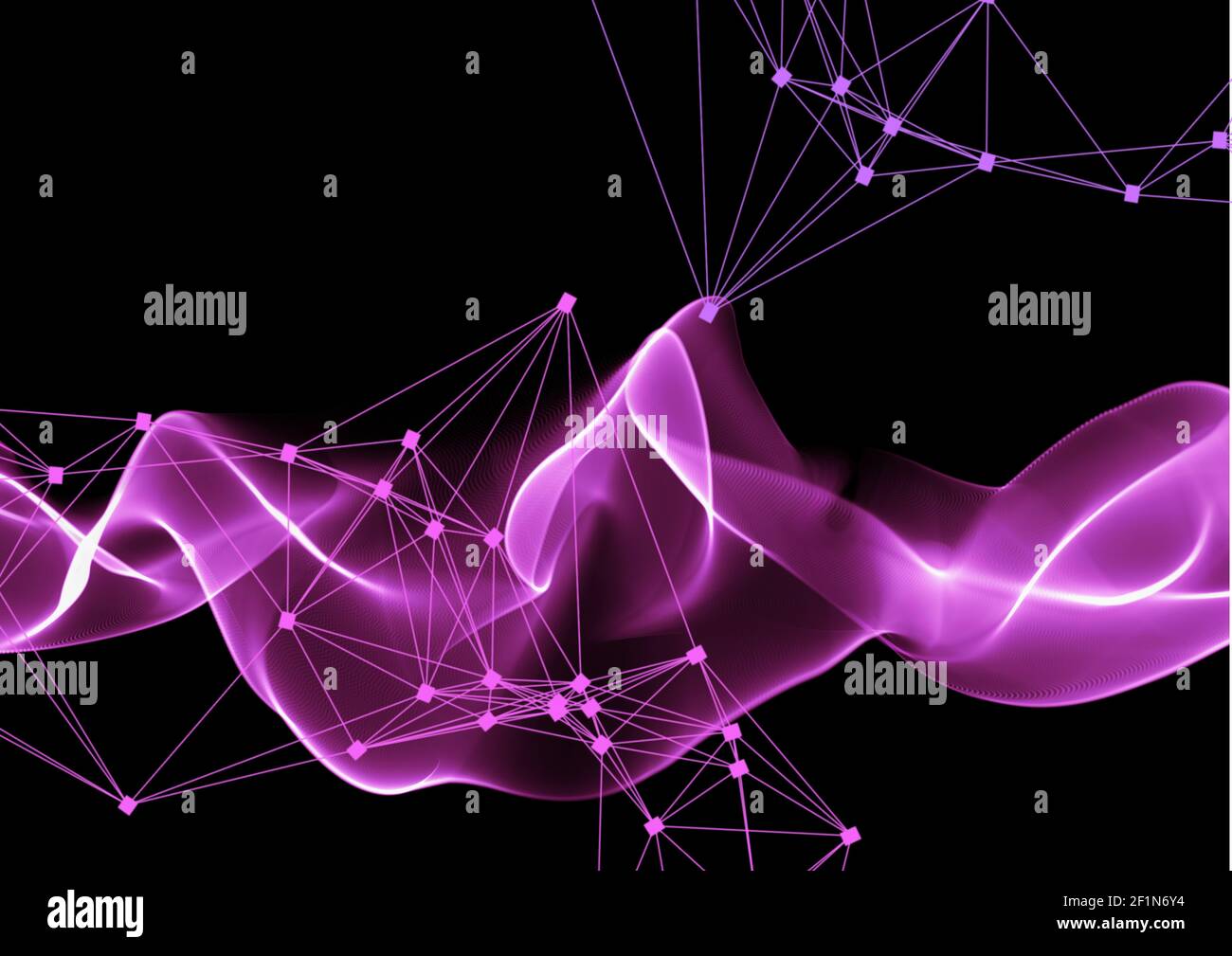 Pink network of connections and digital waves against black background ...