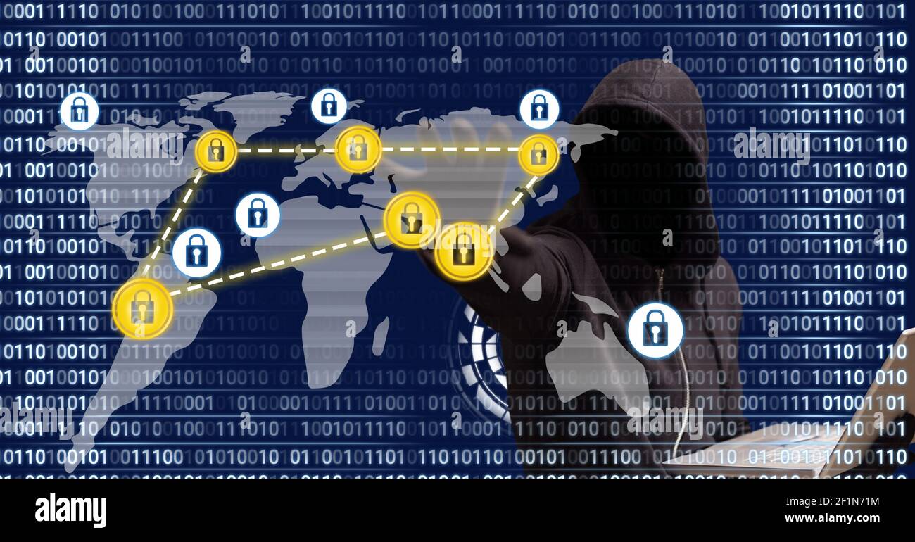 Security Padlock Icons Against Binary Coding Data Processing And Male