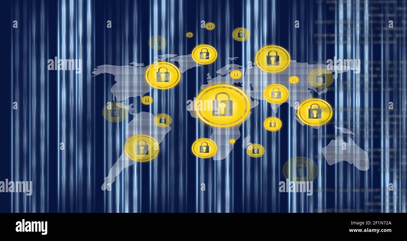 Multiple security padlock icons over world map against blue background ...