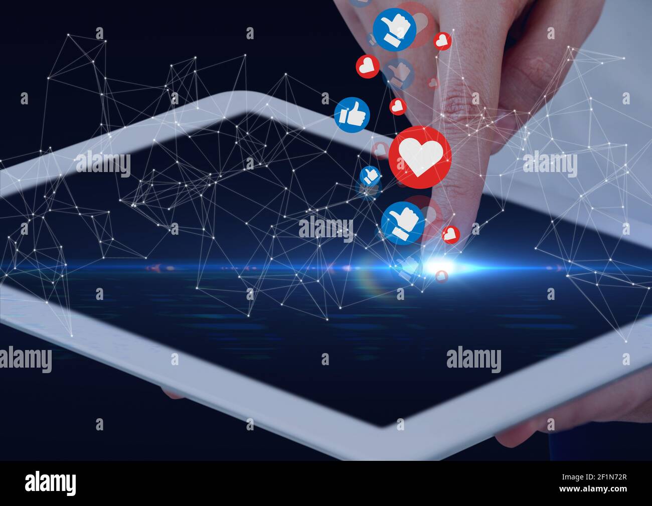 Network of connection and social media icons against person using ...