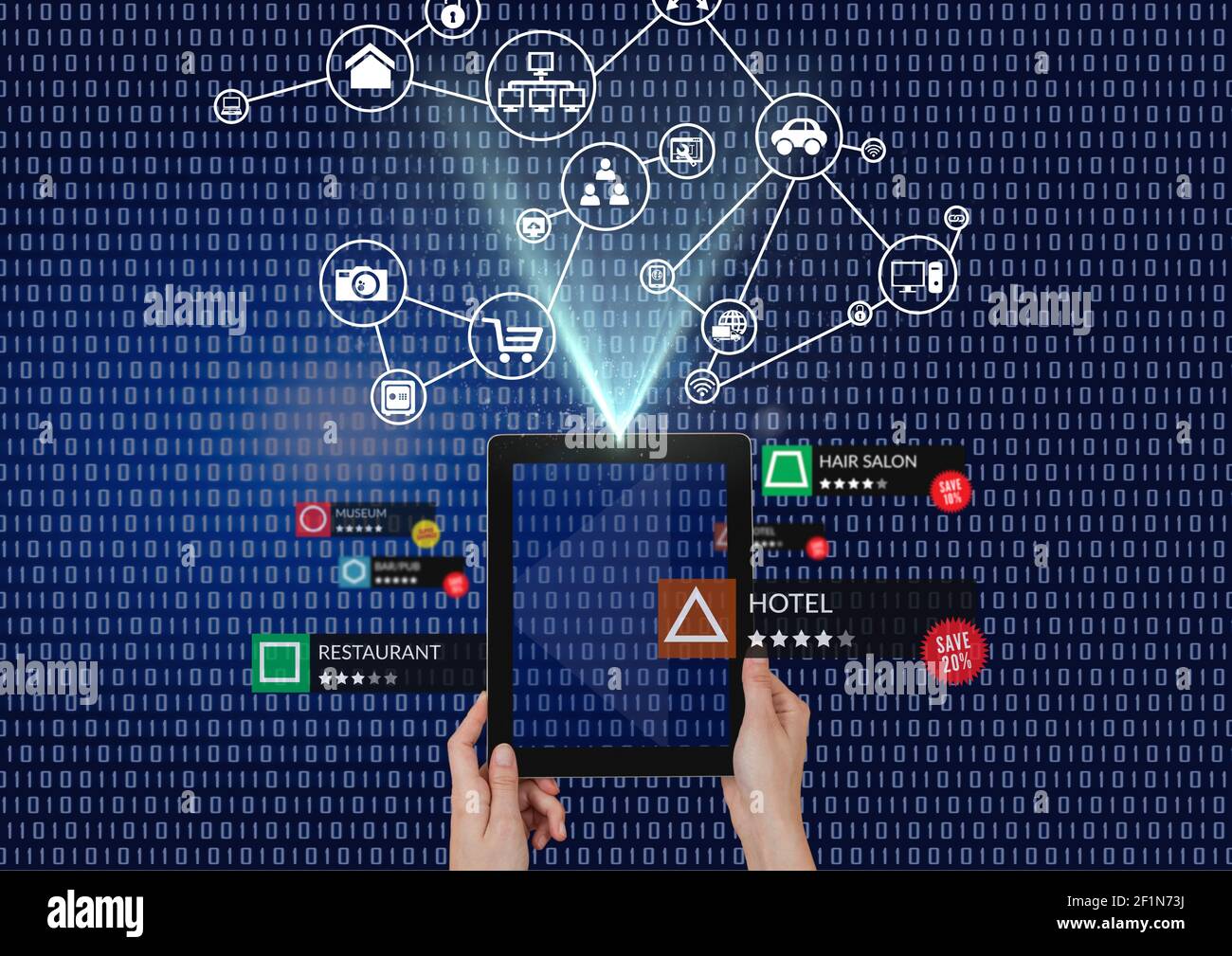 Network of digital icons over hand holding digital tablet against binary coding data processing ...