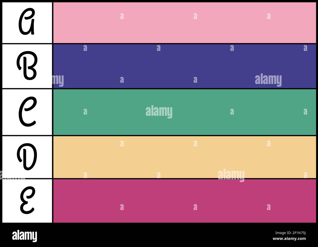 Alphabet letters text in table with black lines on multi coloured cells ...