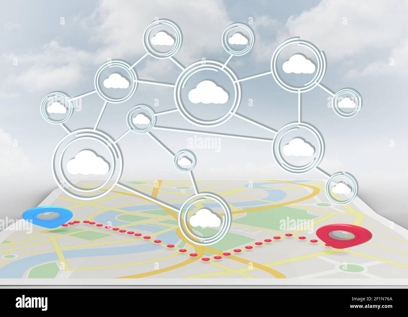 Network of cloud icons over map against clouds in blue sky Stock Photo ...