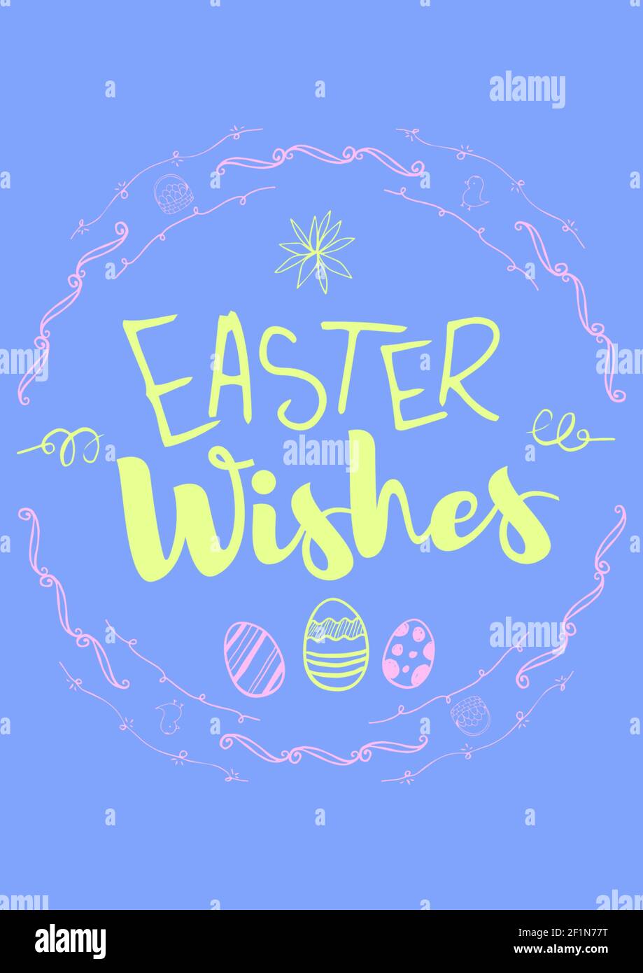 Easter wishes text in pink frame and yellow decorations on blue ...