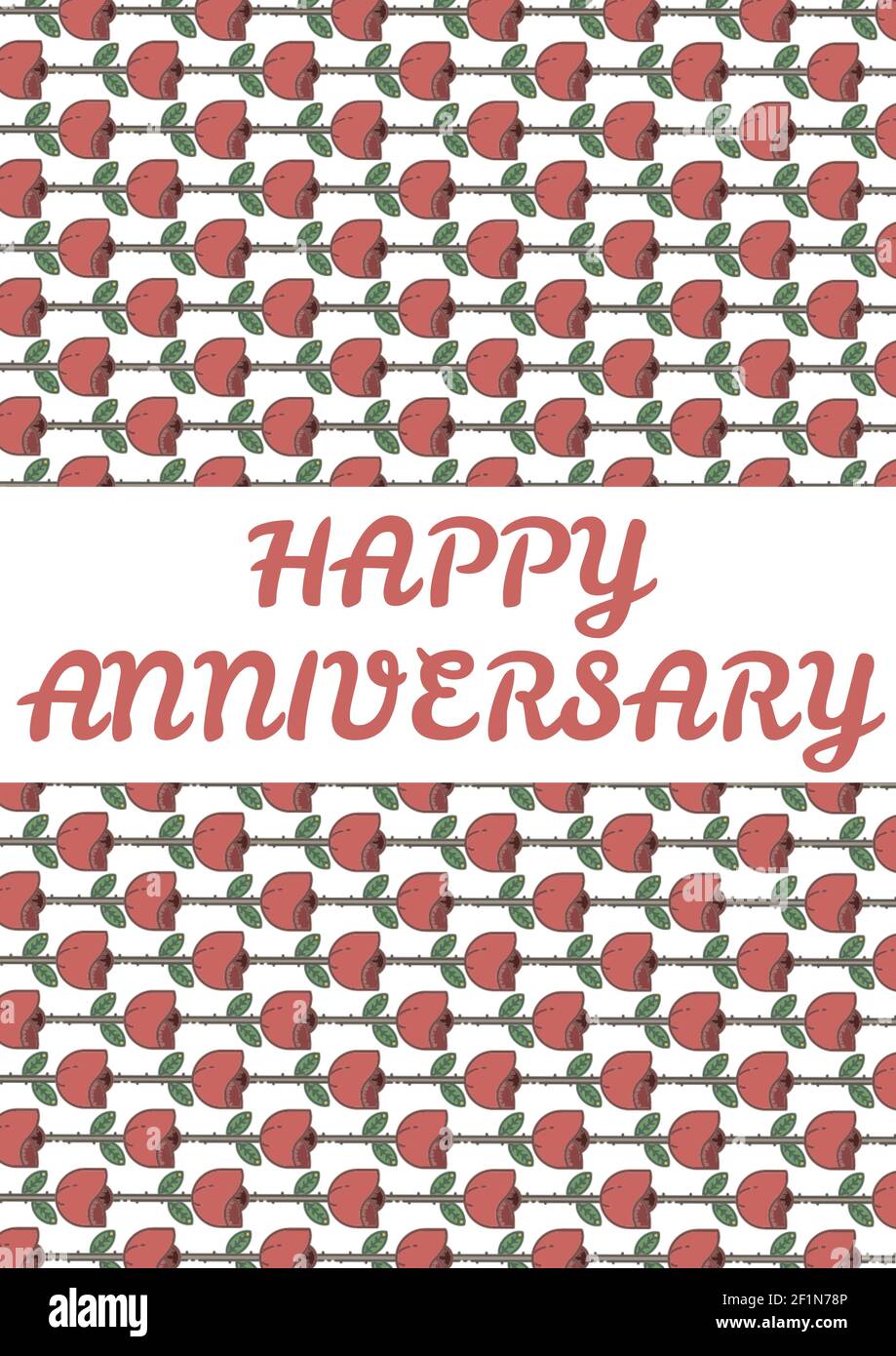 Happy anniversary text with multiple red roses on white background ...