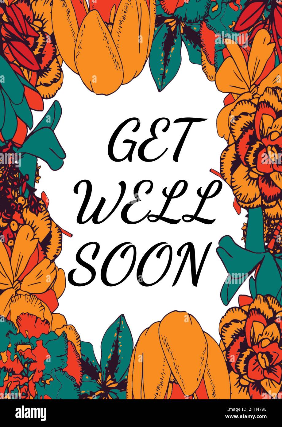 Get well soon text with illustration of flowers on white background ...
