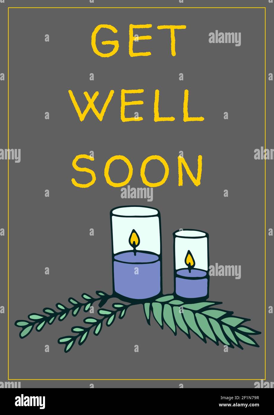 Get well soon text with illustration of candles and fir tree branches ...