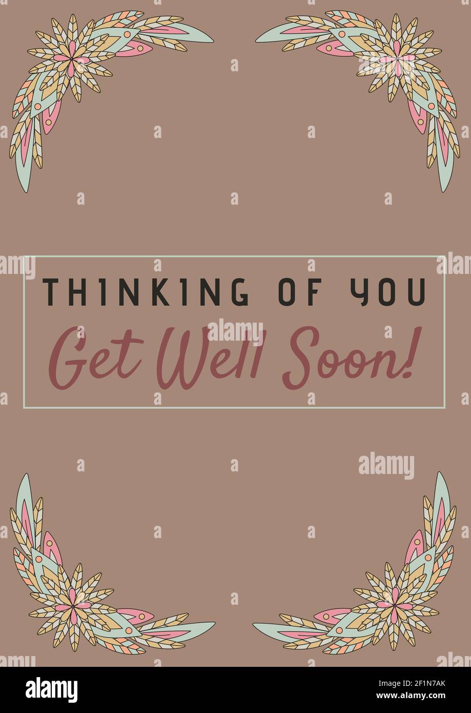 Thinking of you get well soon text in frame with illustration of ...