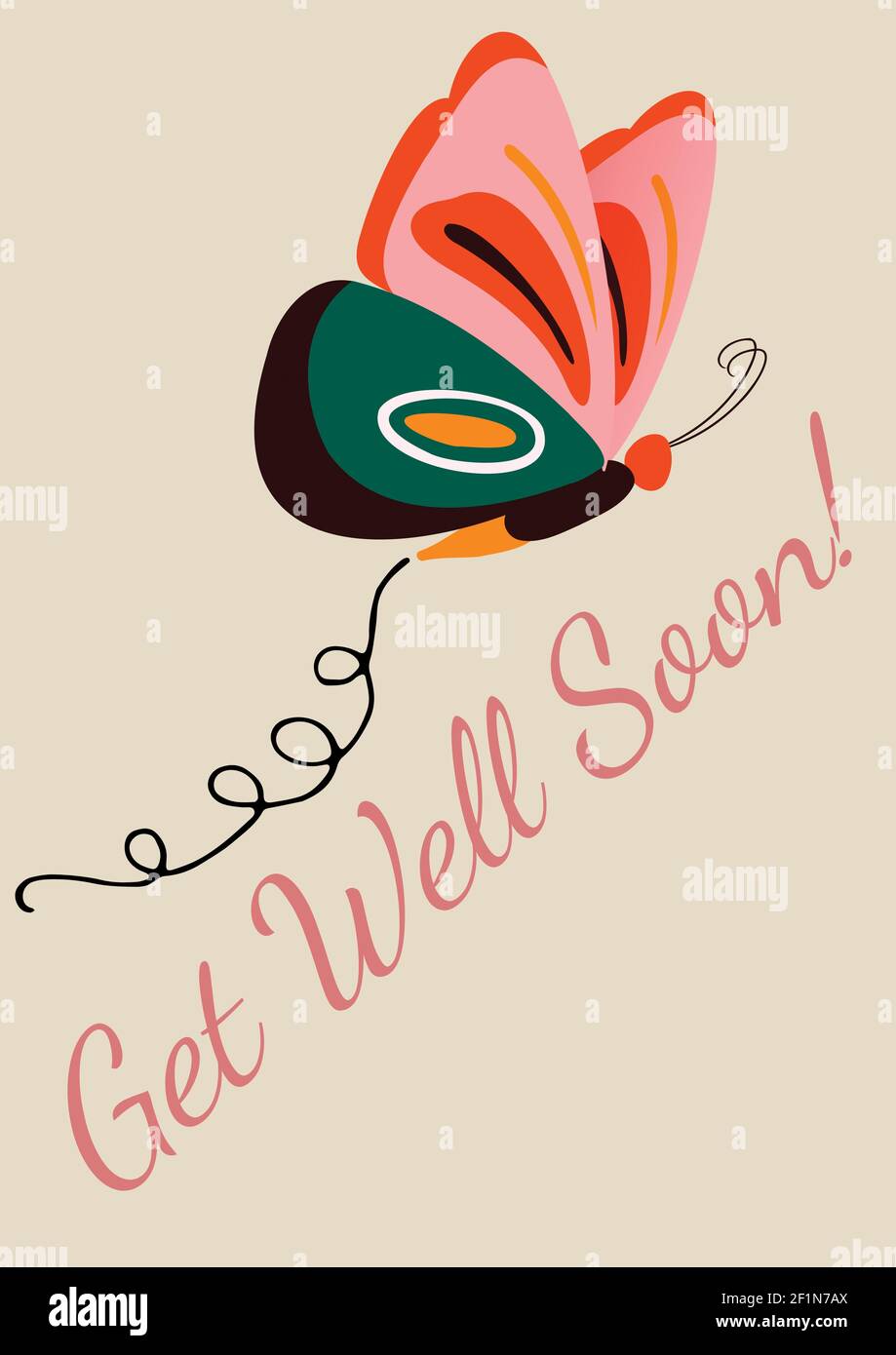 Get well soon text with illustration of butterfly on cream background ...