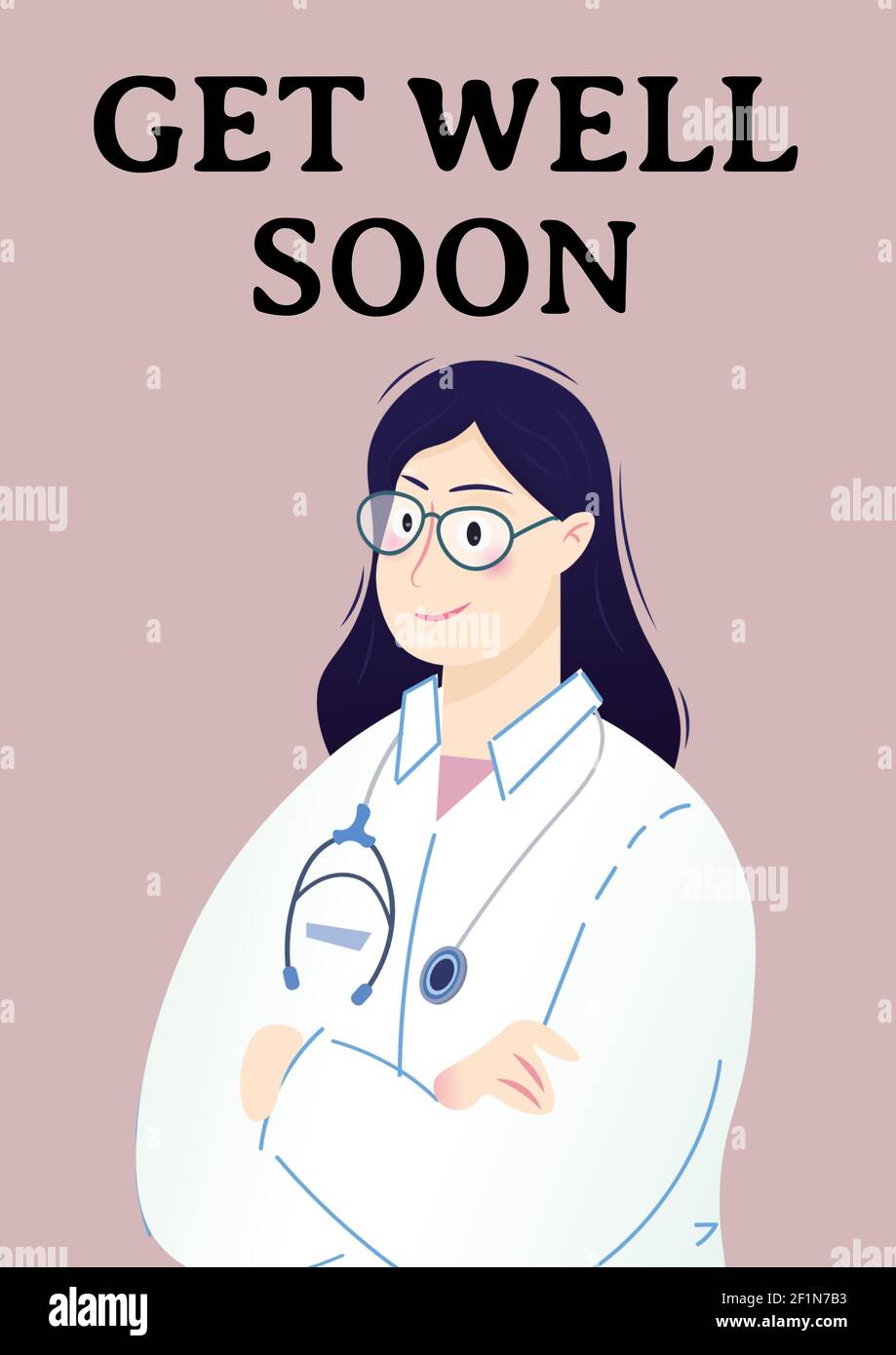 Get well soon text with illustration of female doctor on pink ...