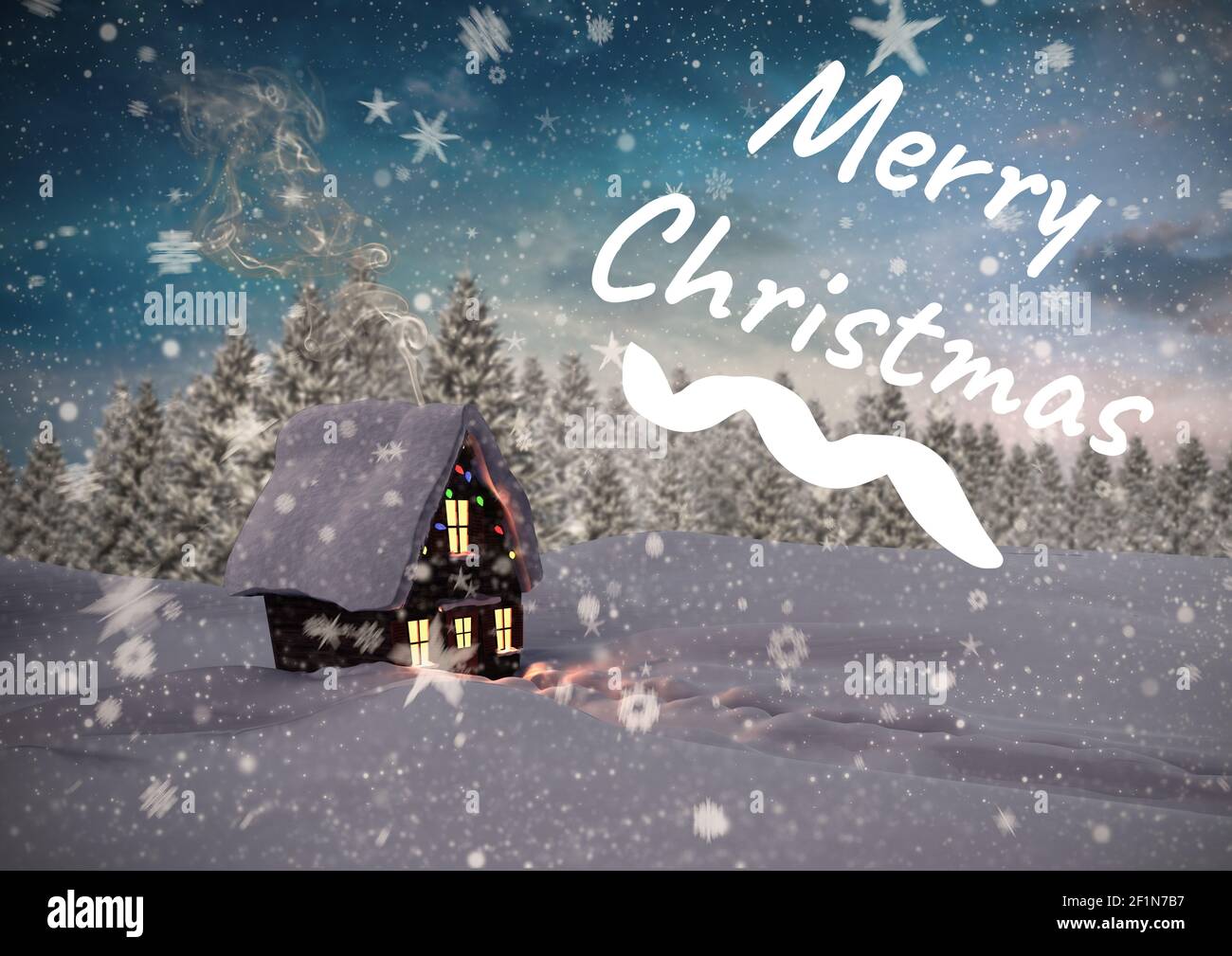 Merry christmas text over snow falling and winter scenery in background ...