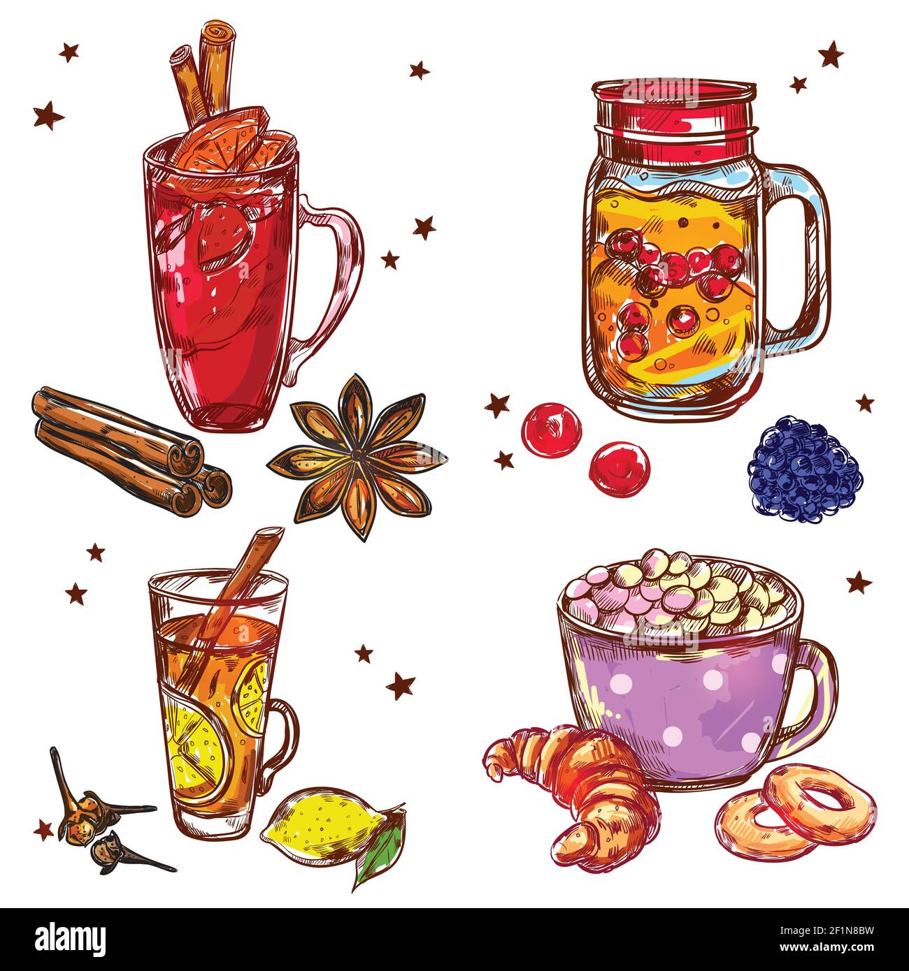 Colored isolated warm drinks icon set with drinks in mugs on white ...