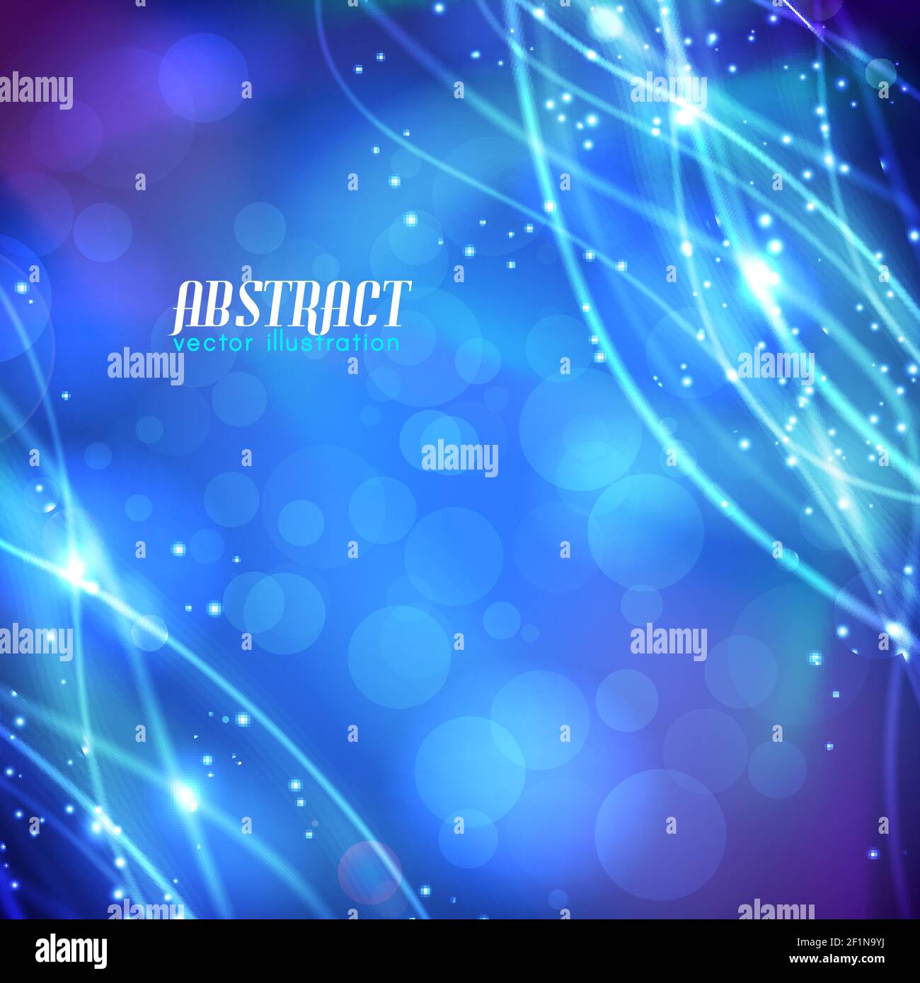 Abstract blurred blue background with curved glittering fibres and ...