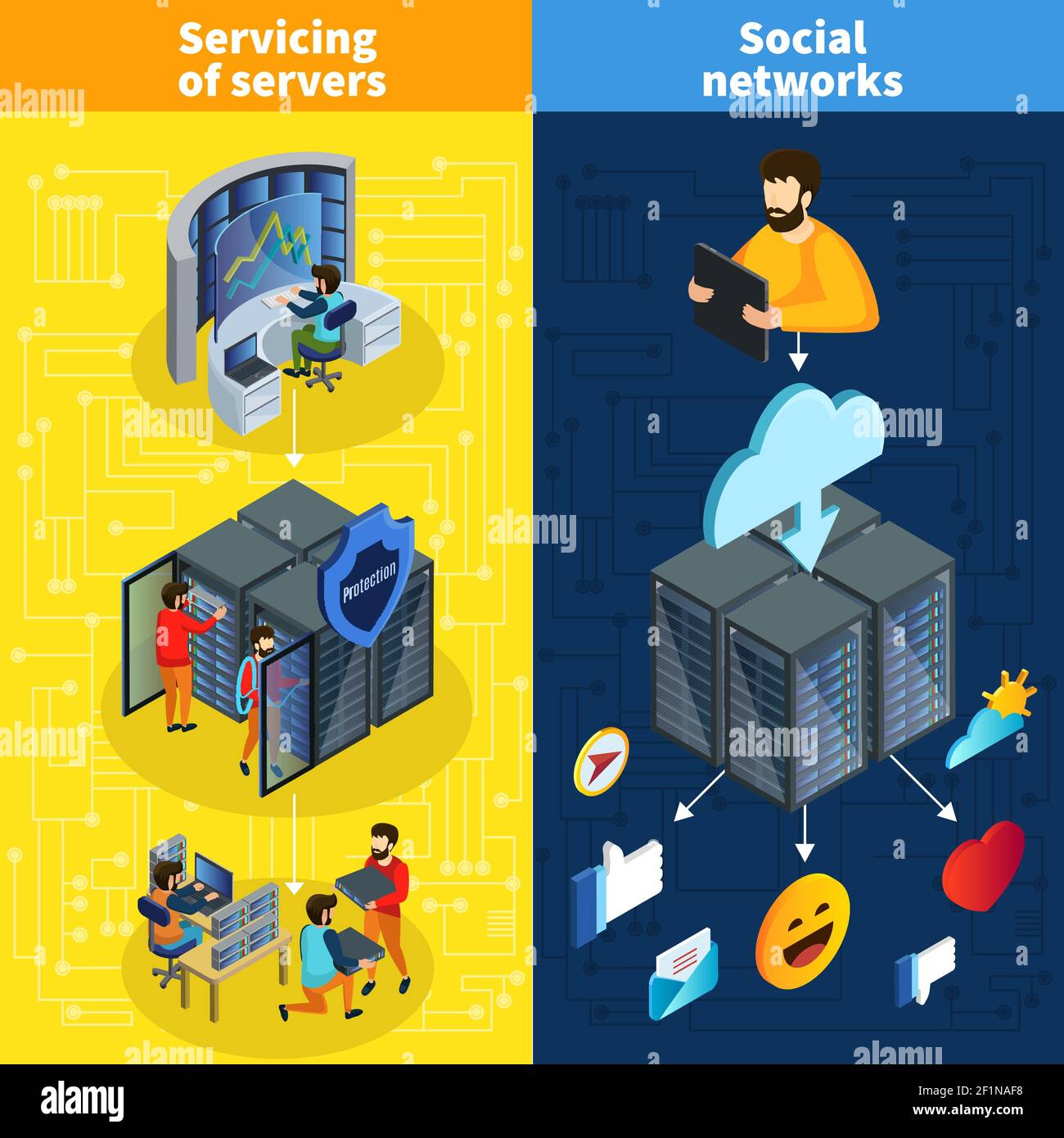 Isometric data center vertical banners with servers repairing service ...