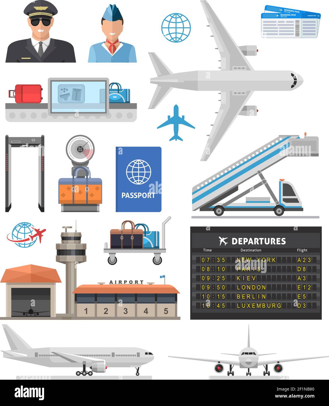Airport icon set with pilot, stewardess, aircraft and equipment Stock ...