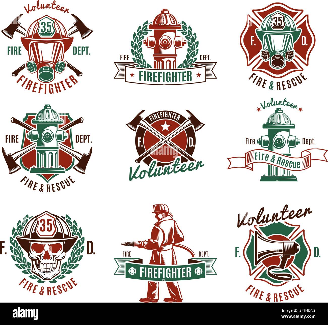 Colorful fire protection labels set with firefighter skull rescue tools ...