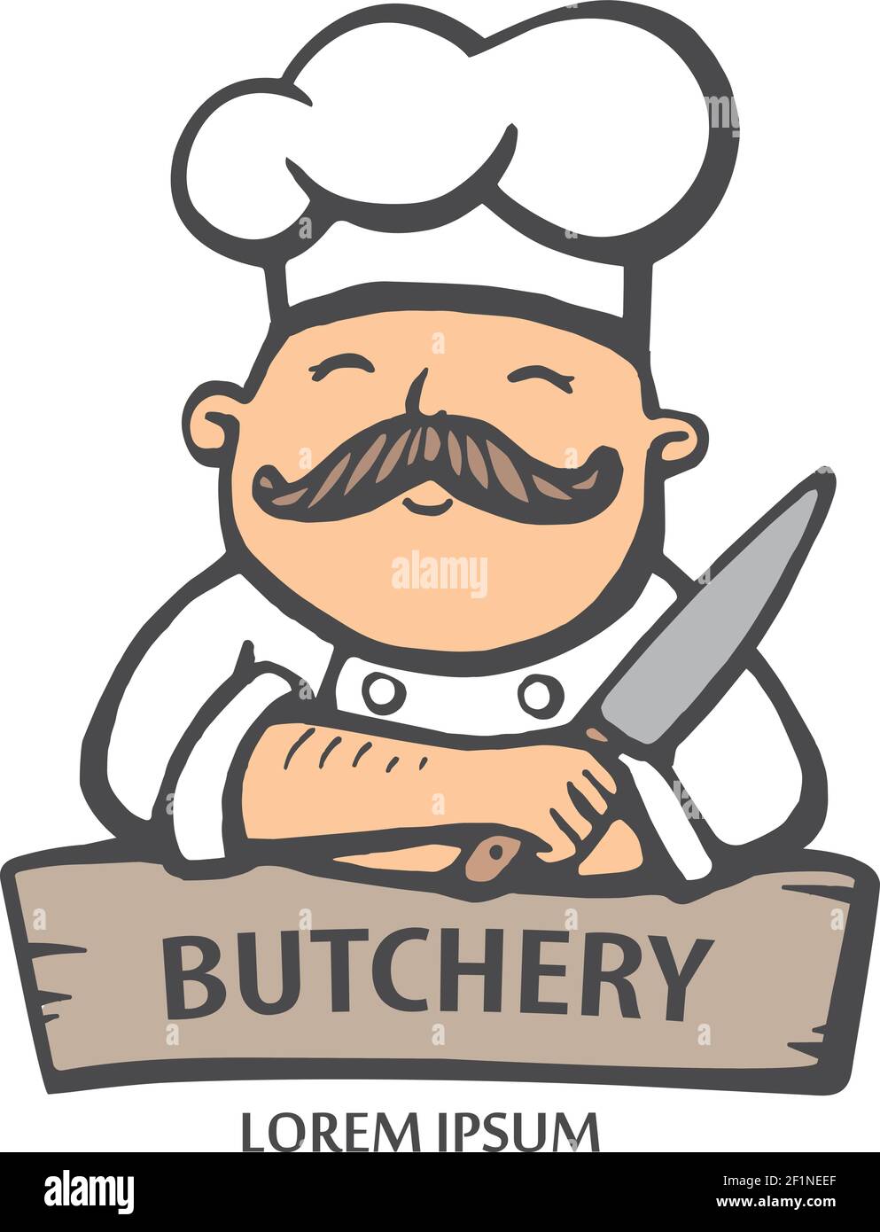 Butchery logo. Hand drawn vector illustration of chief-cooker with a ...