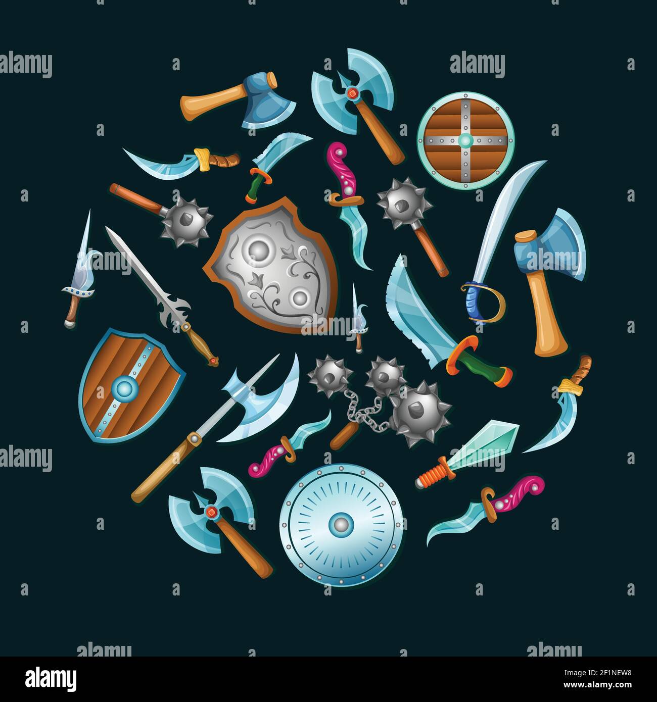 Medieval weapon set in circle shape with shields sword saber mace on ...