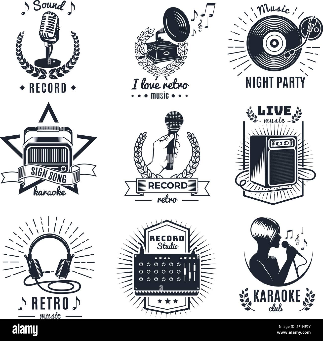 Karaoke elements monochrome vintage emblems of clubs and studio record ...