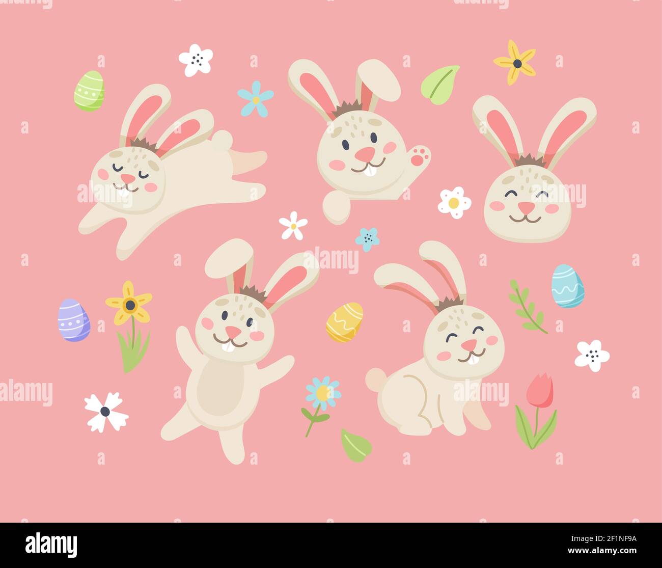 Easter bunny set with cute flowers and eggs. Hand drawn flat cartoon ...