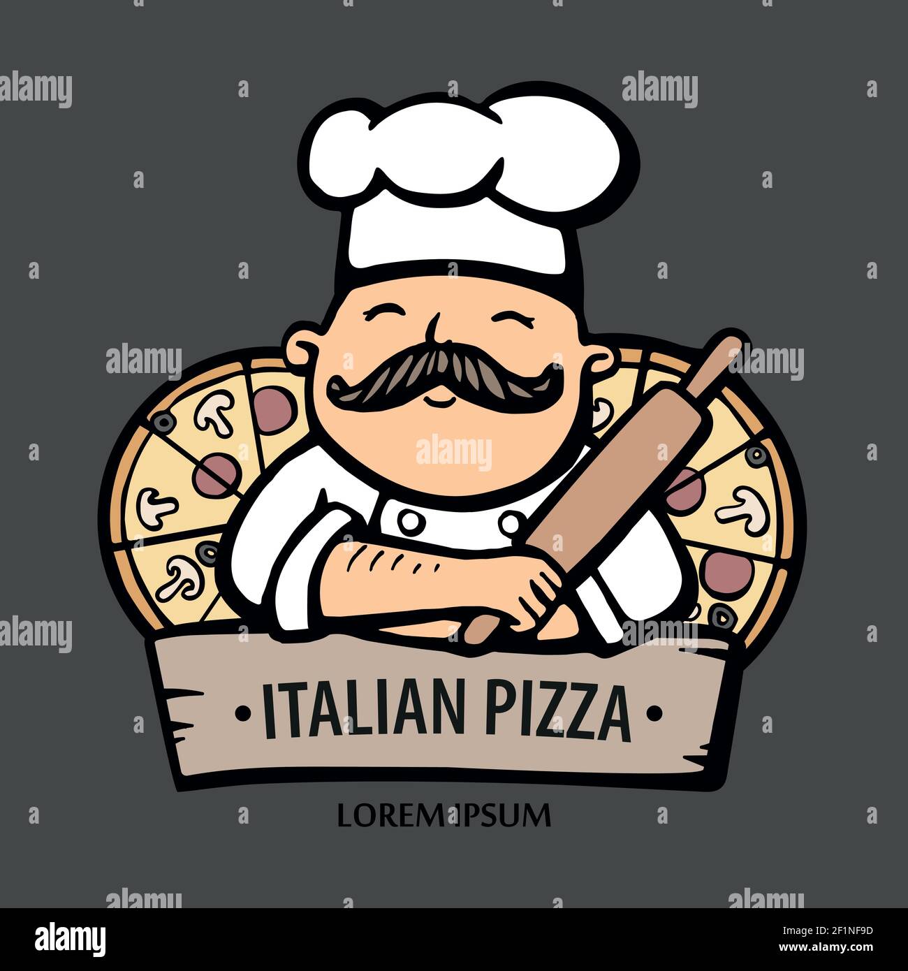 Pizza logo. Hand drawn vector illustration of chef-cooker with a ...