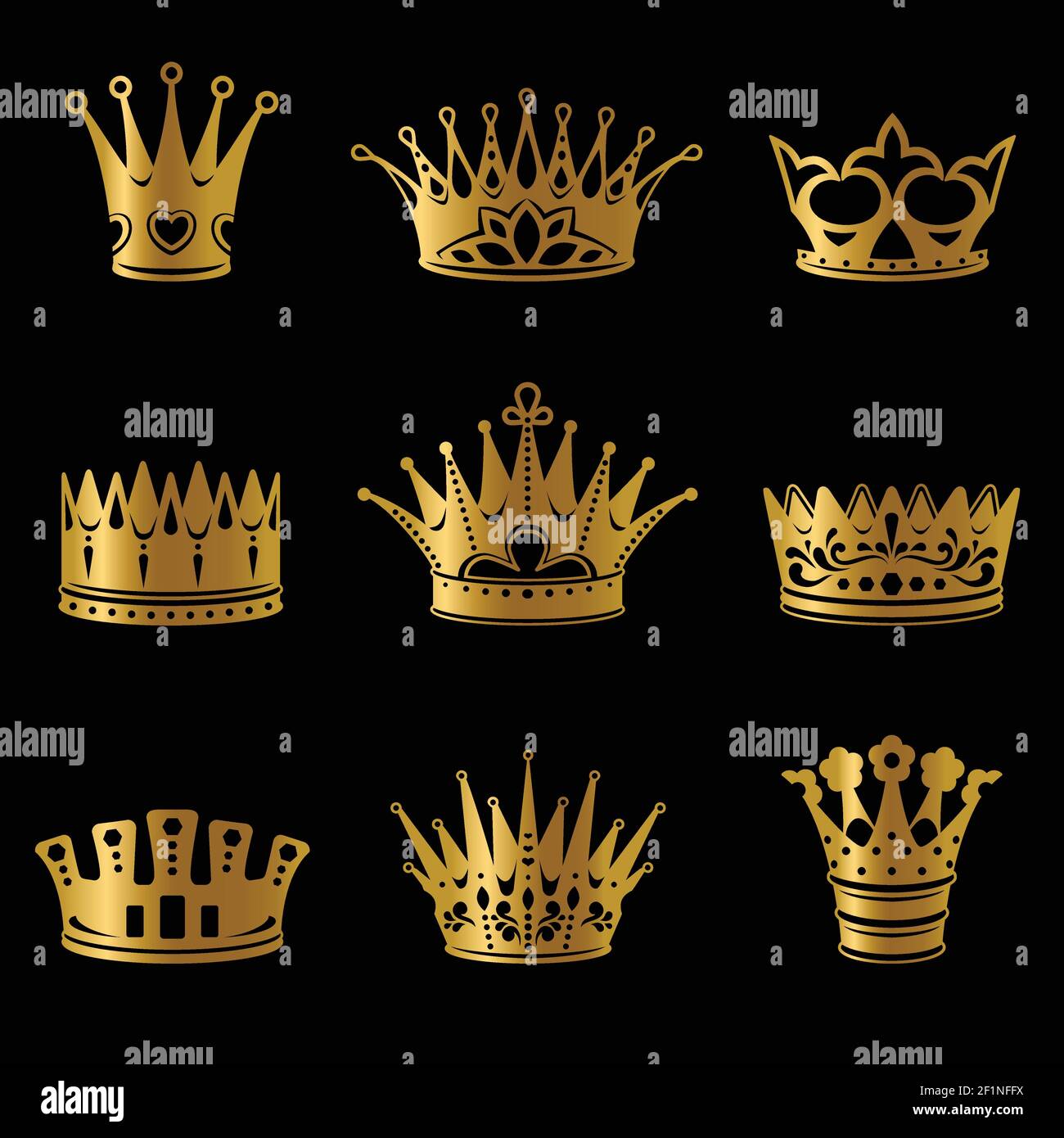 Medieval gold royal crowns collection of different shapes on black ...