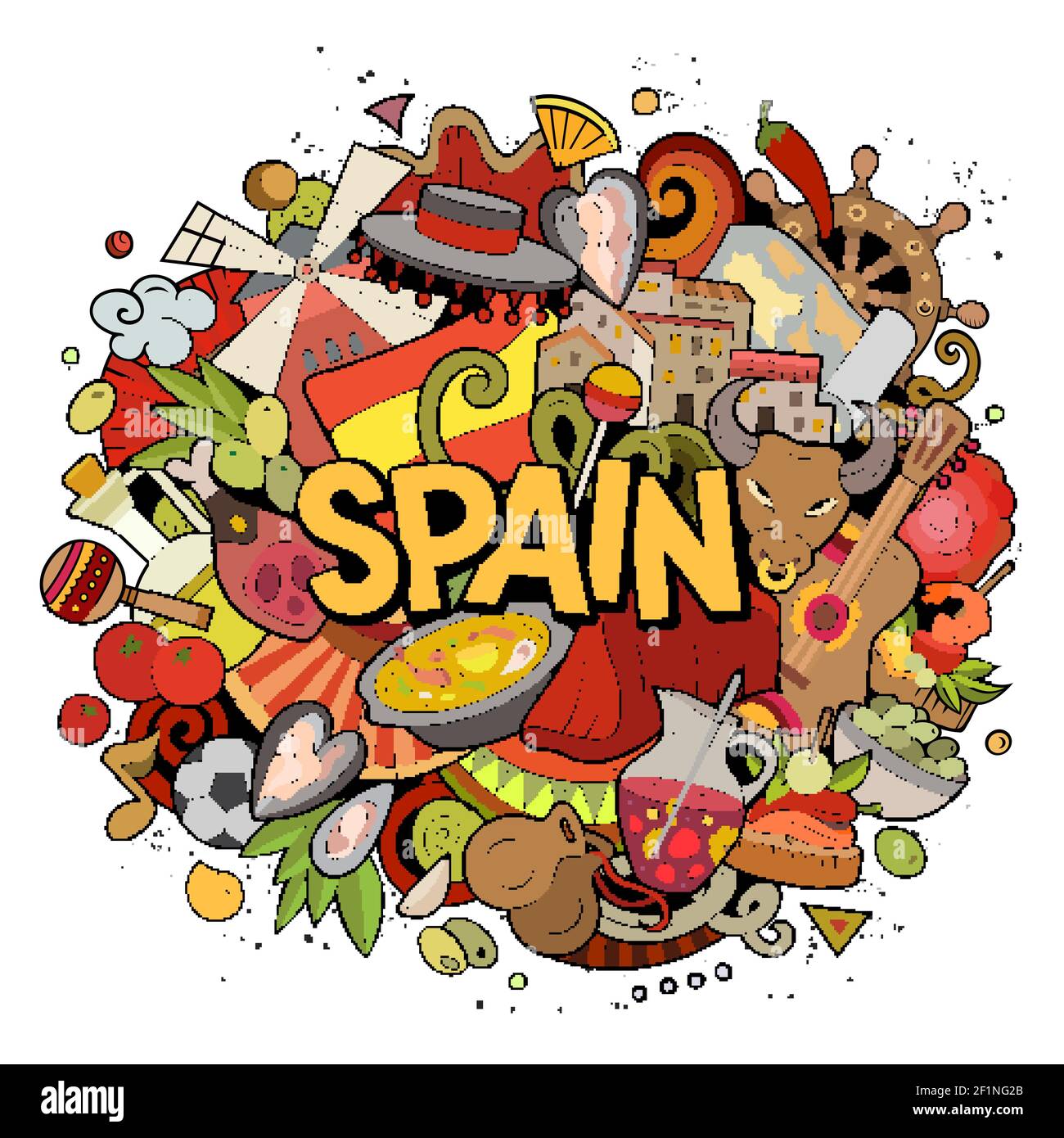 Spain hand drawn cartoon doodle illustration. Funny Spanish design ...