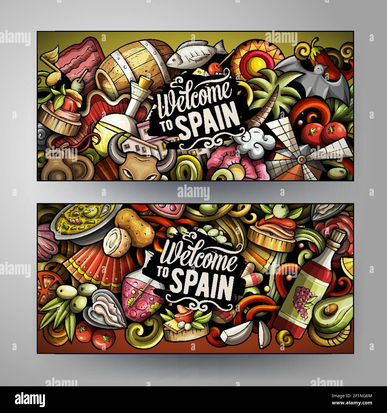 Cartoon cute colorful vector doodles Spain corporate identity. 2 ...