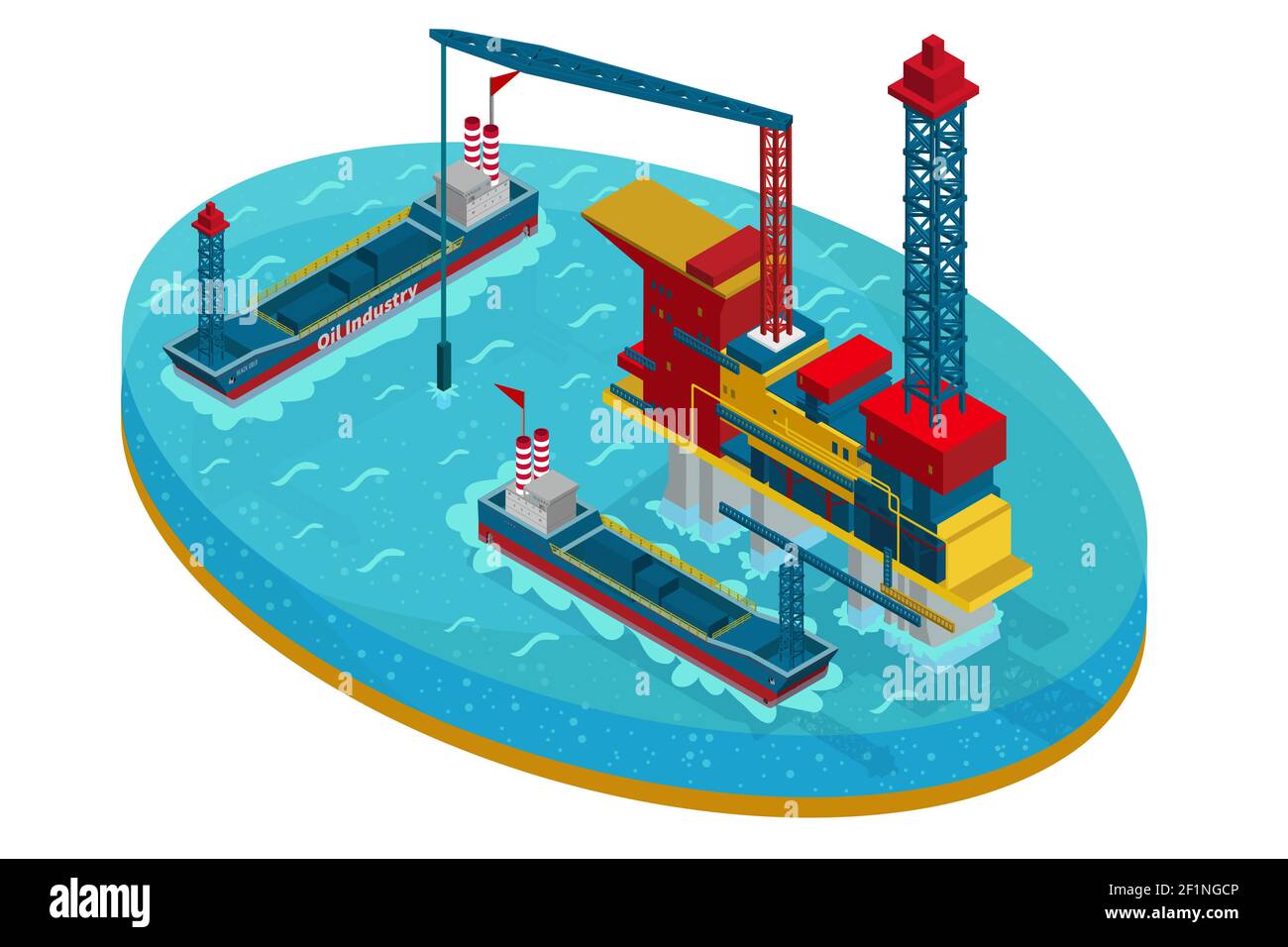Isometric oil extraction in sea concept with water platform and ships ...