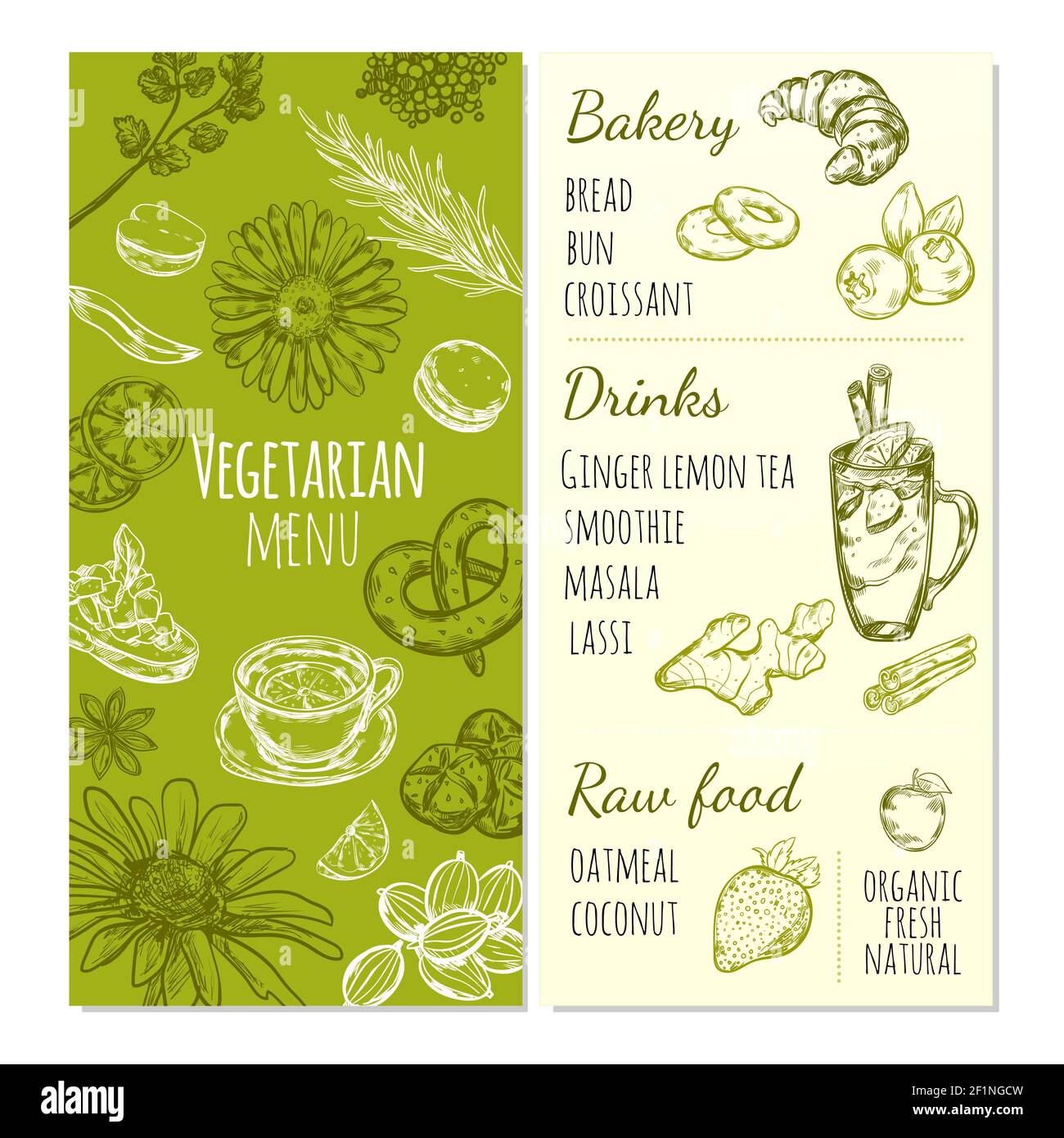 Vegetarian menu sketch template with natural food healthy beverages and ...