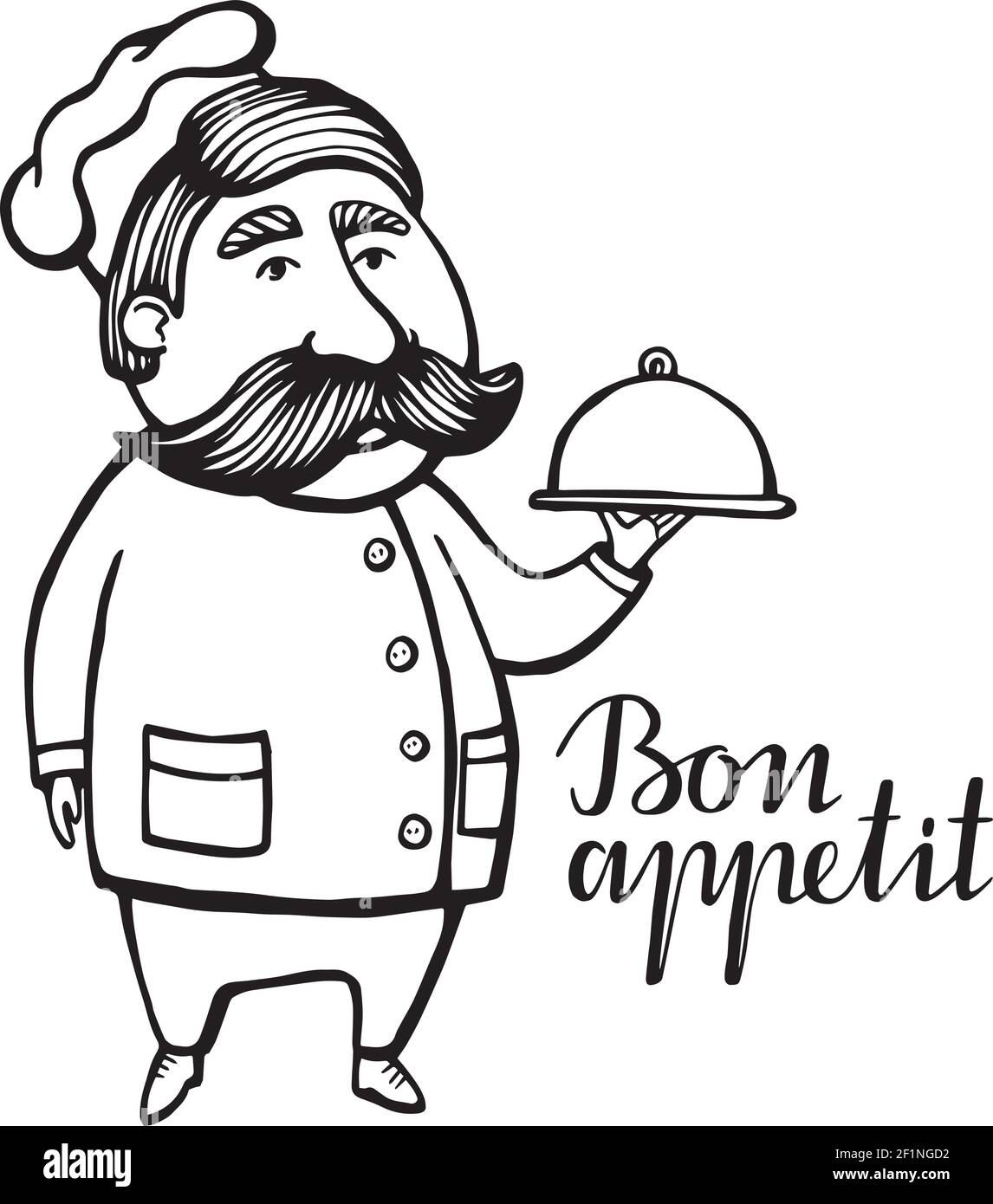 Hand drawn vector illustration of chief-cooker with a mustache in a ...