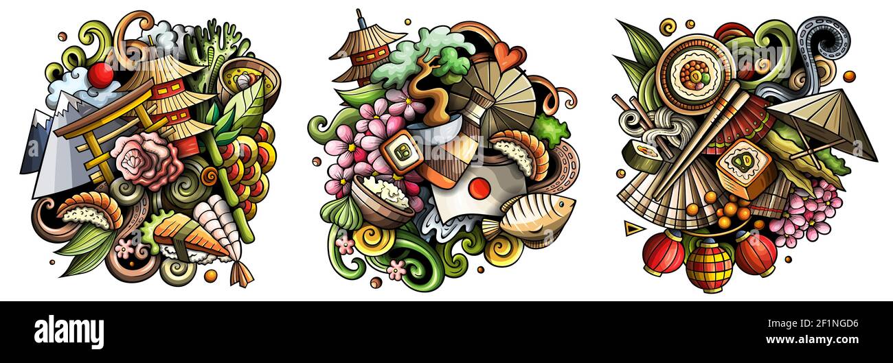Japan cartoon vector doodle designs set. Colorful detailed compositions ...