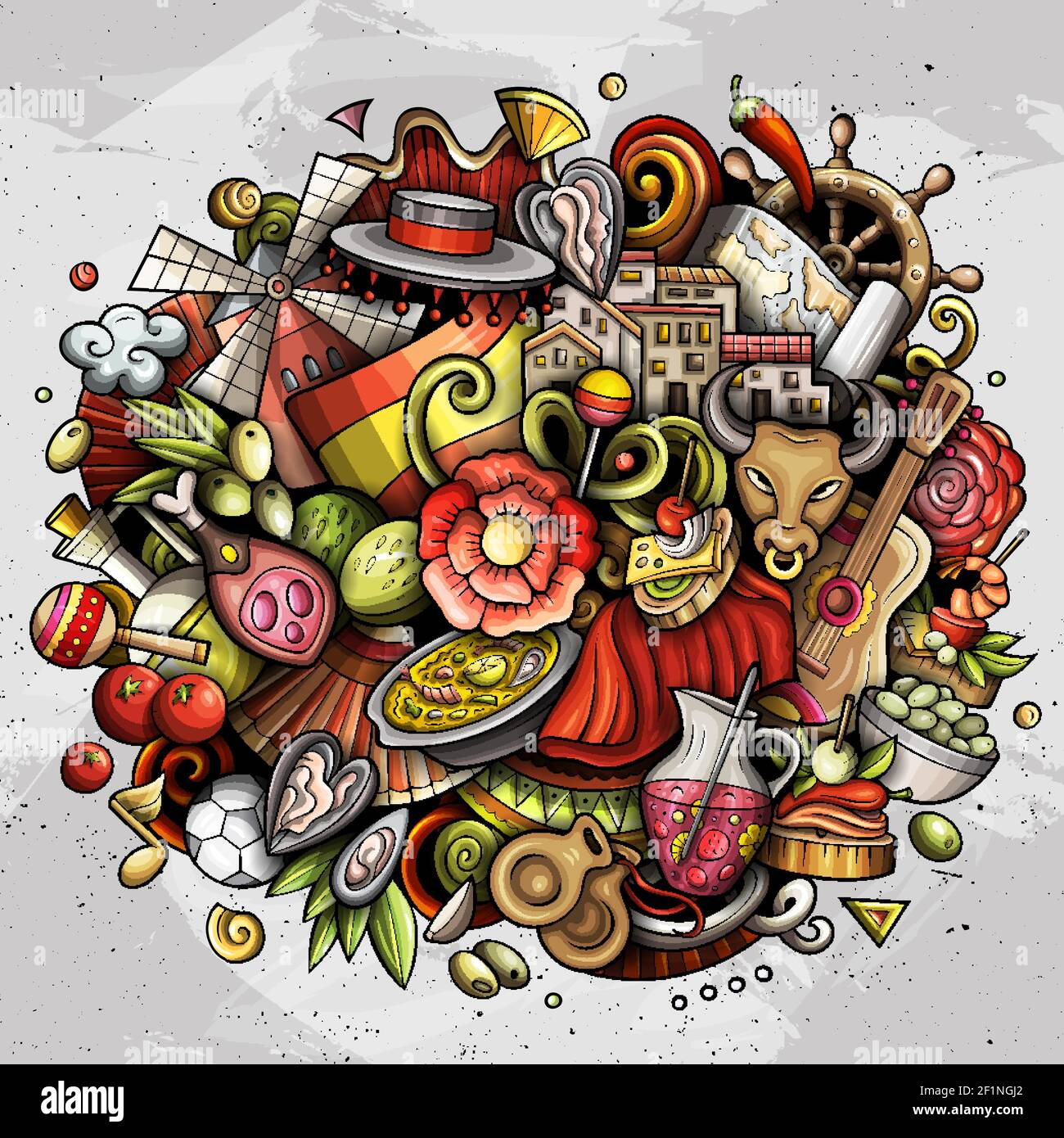 Spain hand drawn cartoon doodle illustration. Funny Spanish elements ...