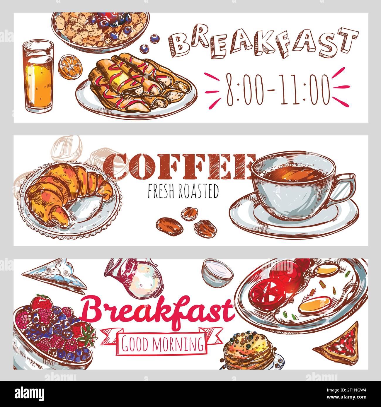 Three horizontal breakfast banner set with coffee fresh roasted and ...