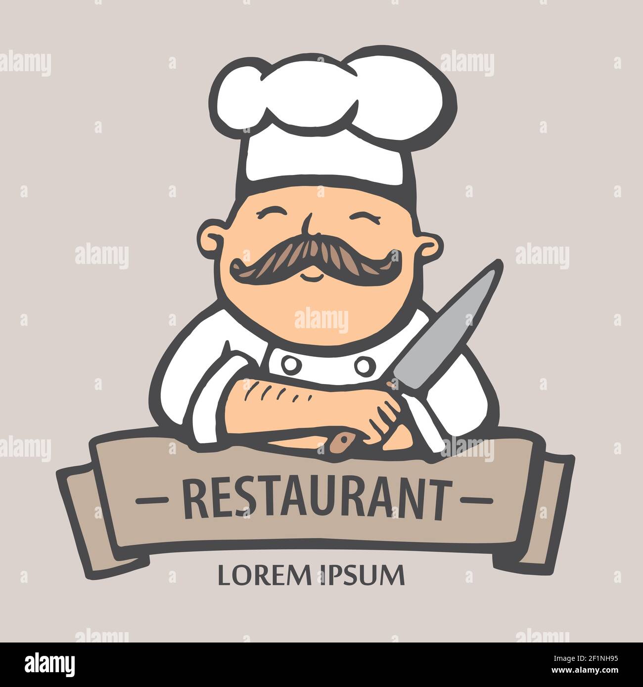 Restaurant logo. Hand drawn vector illustration of chief-cooker with a ...