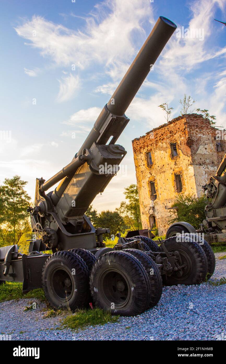 KARLOVAC, CROATIA - Aug 12, 2011: Artillery piece in The Homeland War ...