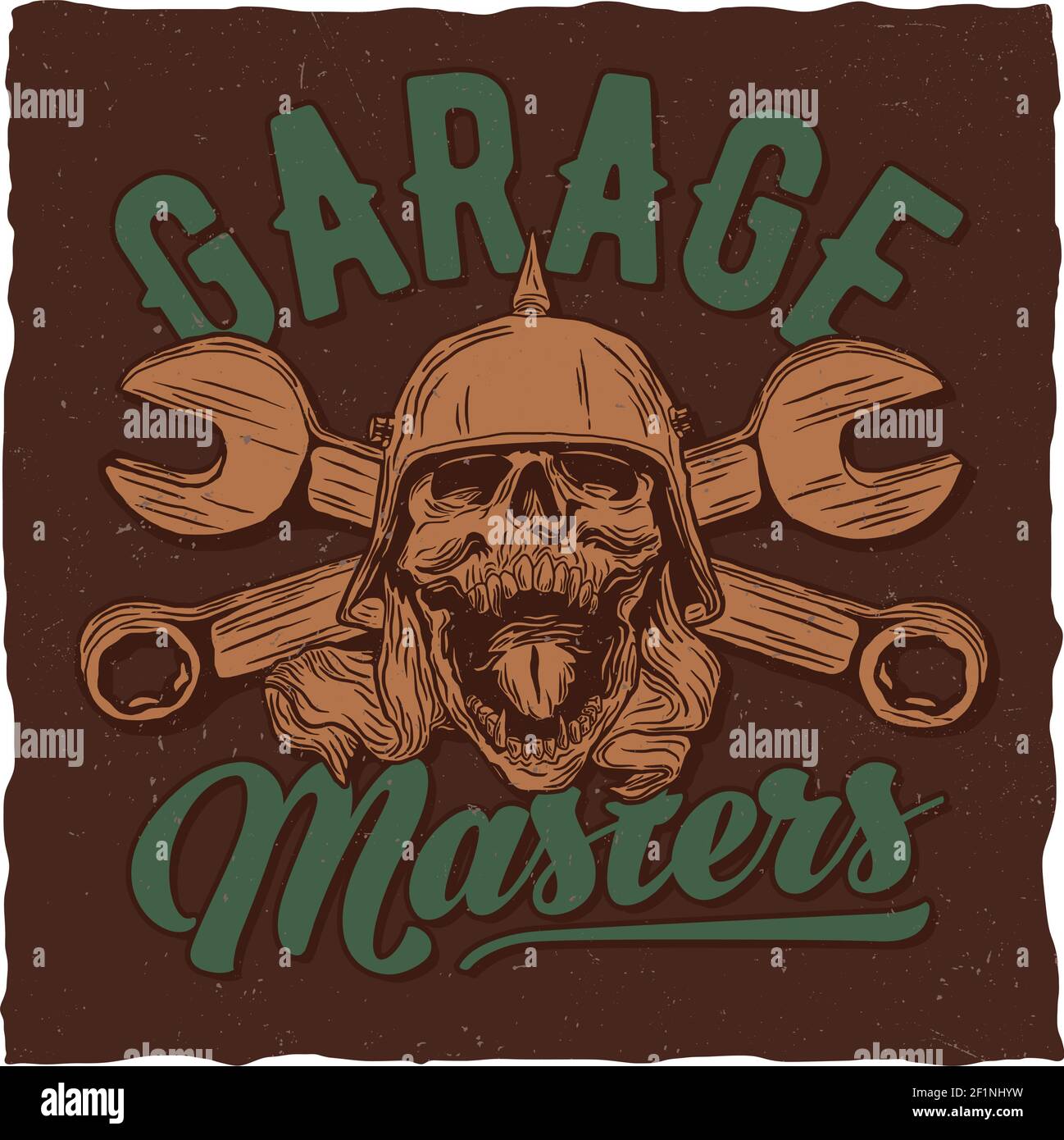 Garage masters t-shirt label design with illustraton of skull at the ...