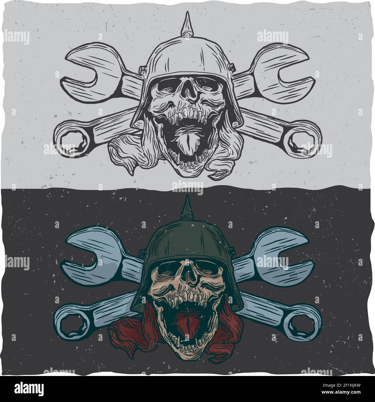Garage masters t-shirt label design with illustraton of skull at the ...